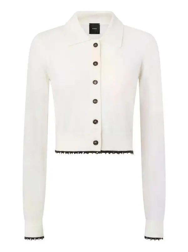 Pinko Cropped Cardigan With Polo Collar And Distressed Edges - Neutrals