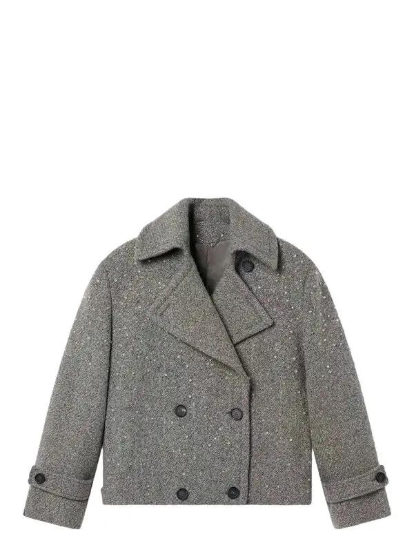GOLDEN GOOSE Journey Short Trench Coat Regina Embellished Salt And Pepper Virgin Wool - Grey