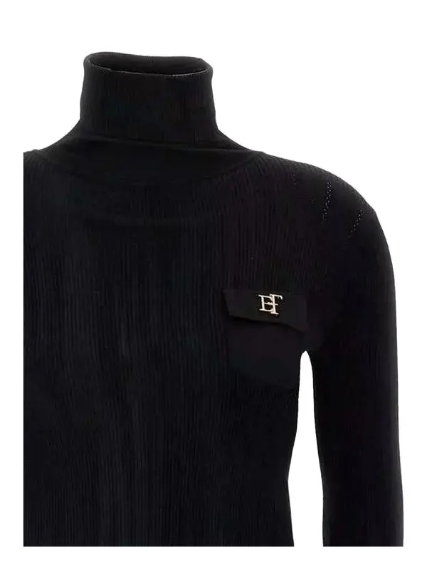 Elisabetta Franchi Knit Turtleneck Top With Openwork Embroideries - Black