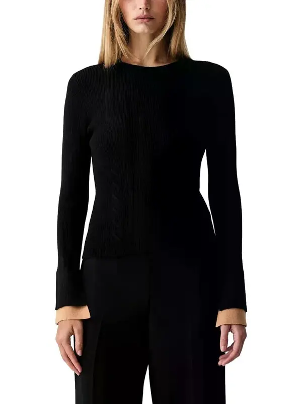 TWINSET Ribbed Knit Crew Neck Sweater With Contrast Cuffs - Black