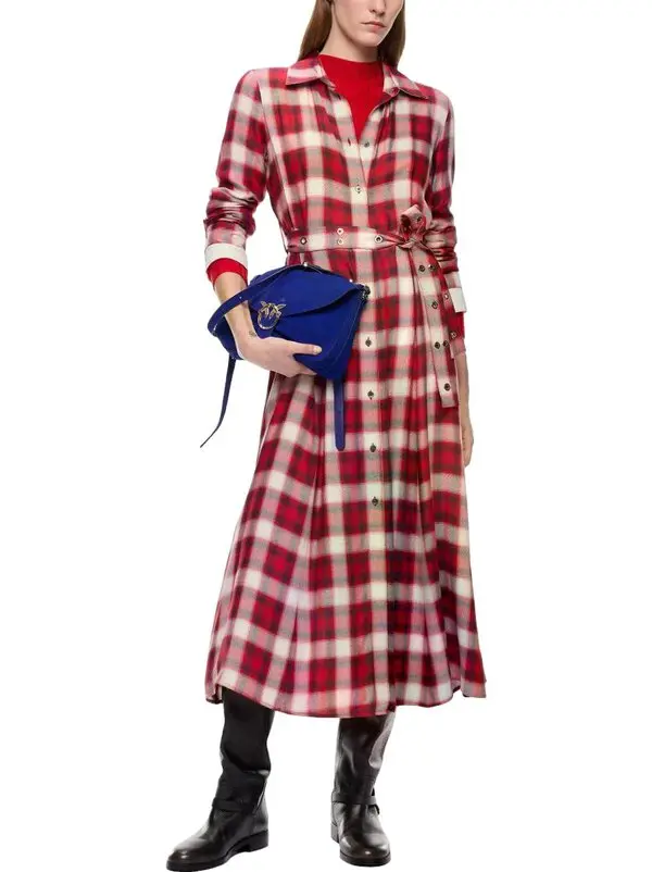 Pinko Long Shirt Dress With Check Pattern And Belt - Red