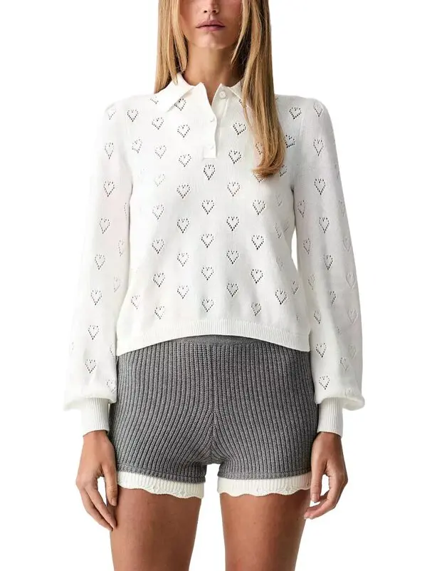 TWINSET Heart-pointelle Puff-sleeve Polo Top - White