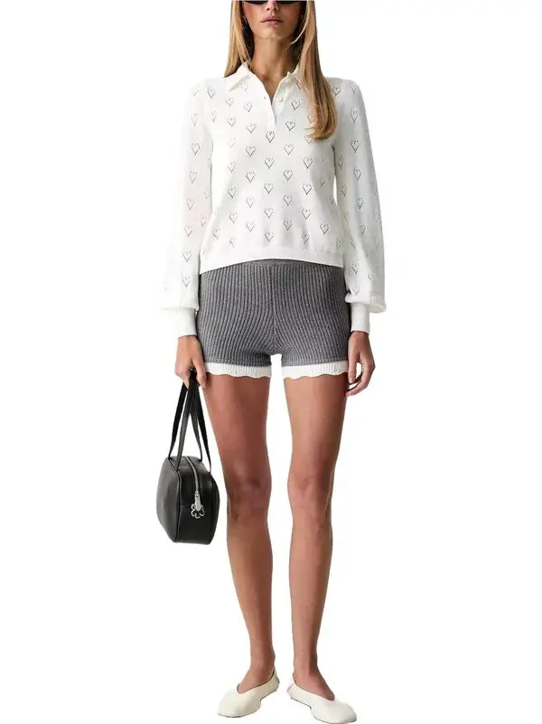 TWINSET Heart Pointelle Puff-sleeve Polo Top - White