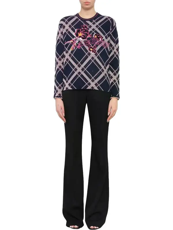 Kenzo Check-pattern Floral-embroidered Sweater - Blue