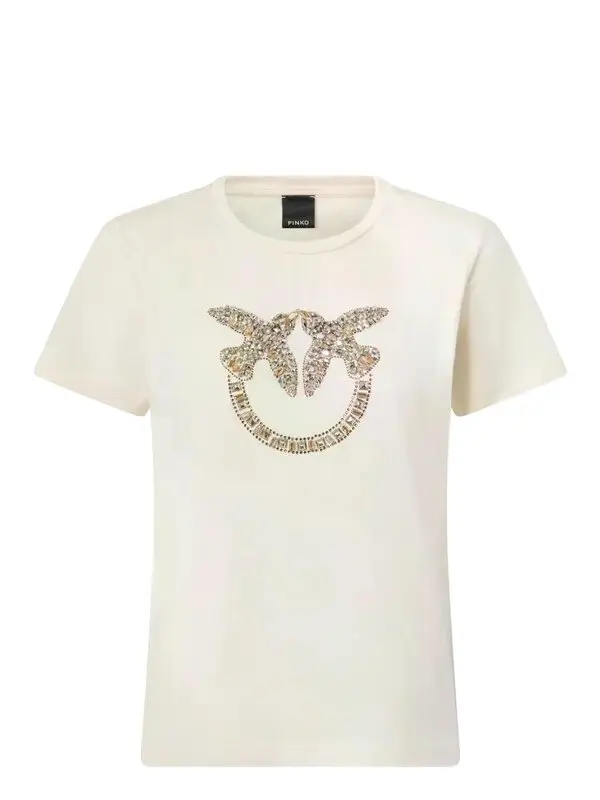 Pinko T-shirt With Love Birds Jewel Maxi Embroidery - Neutrals