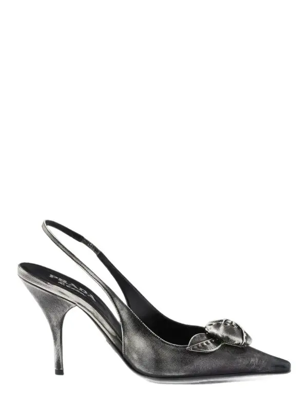 Prada Leather Slingback Pumps With Floral Detail - Black