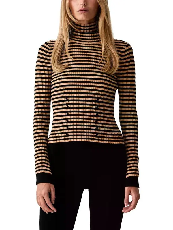 TWINSET Striped Rib-knit Roll Neck Sweater - Black