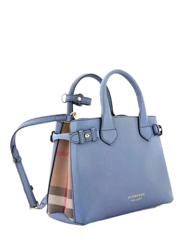 Burberry Banner Leather And House Check Canvas Small Tote Bag - Blue