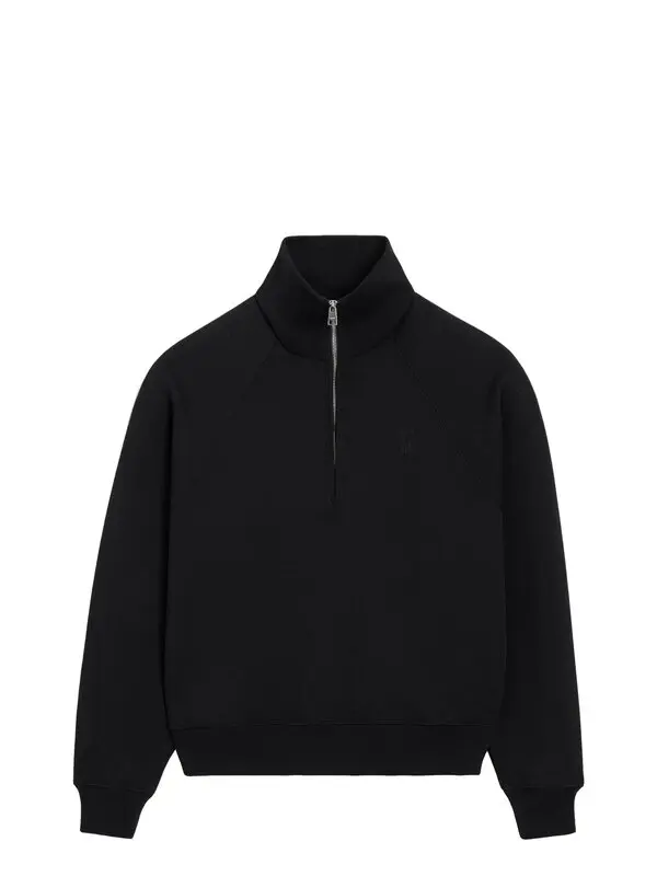AMI Paris Cotton Zipped Sweatshirt With Embossed De Coeur - Black