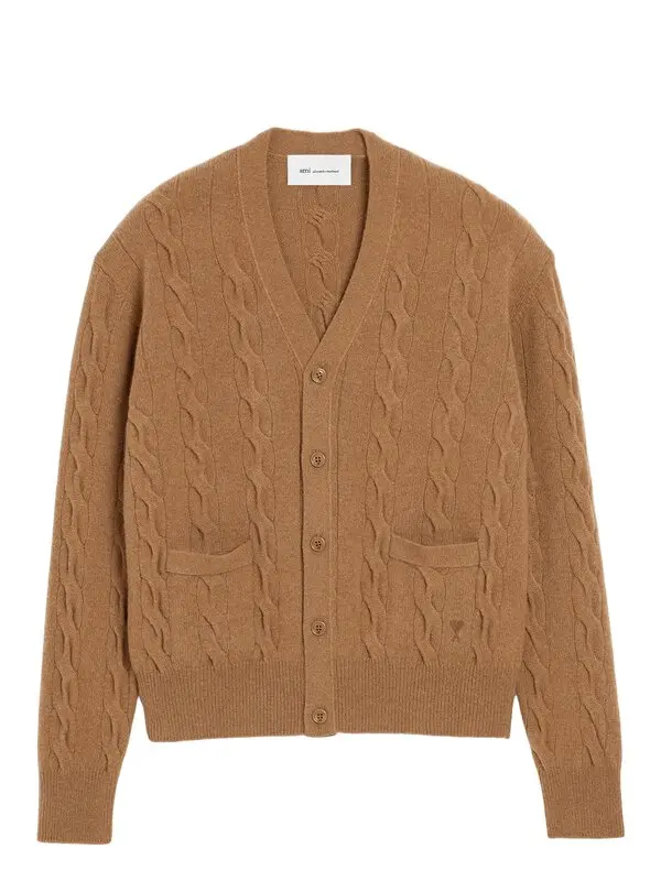 AMI Paris Cable Knit V-neck Cardigan - Camel