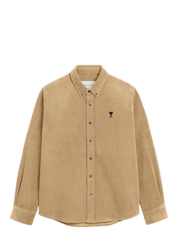 AMI Paris Beige Corduroy Shirt With De Coeur Beige - Mastic Beige