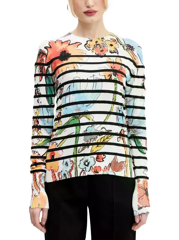 Desigual Floral-print Striped Sweater - White