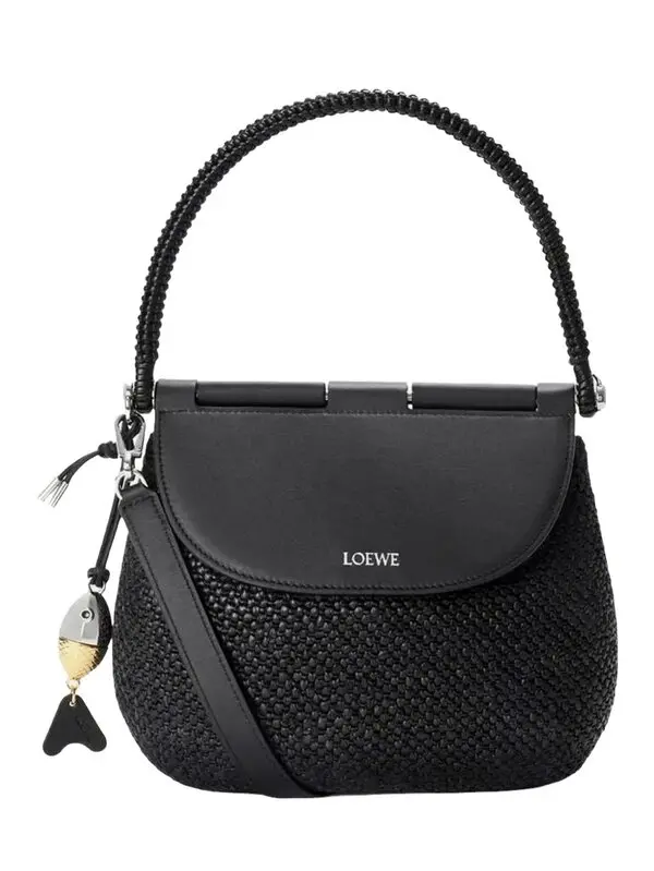 Loewe Medium Pescador Bag In Raffia And Calfskin - Black