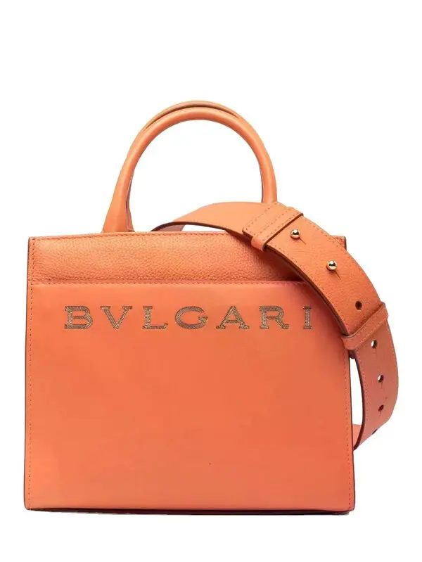 BVLGARI Smooth And Pebbled Calfskin Logo Tote Satchel - Orange