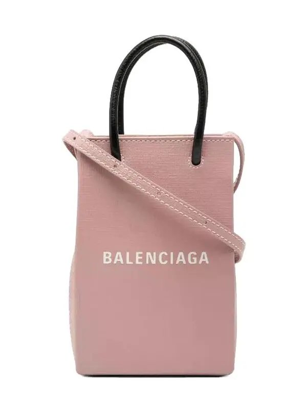 Balenciaga 2021 Mini Calfskin Logo Shopping Phone Holder Satchel - Pink