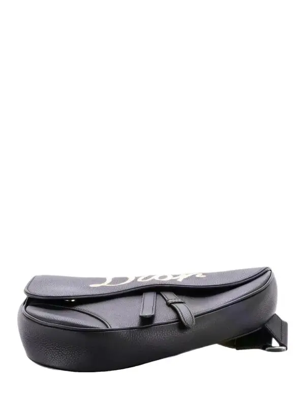 Dior Saddle Logo Embroidered Leather Crossbody Bag - Black