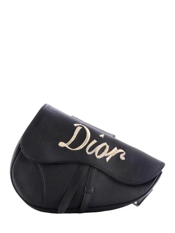 Dior Saddle Logo Embroidered Leather Crossbody Bag - Black