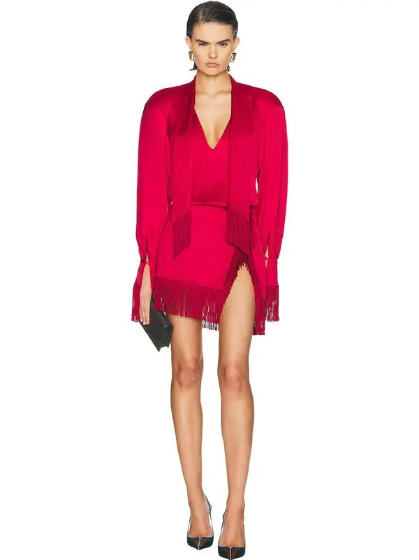 ROWEN ROSE Satin Fringe Mini Dress - Red