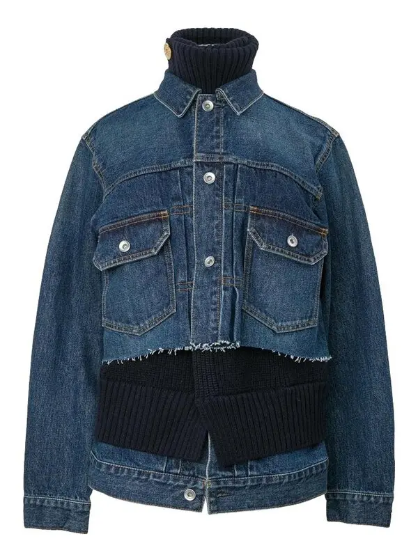 Sacai Denim X Wool Knit Jacket Blue And - Navy
