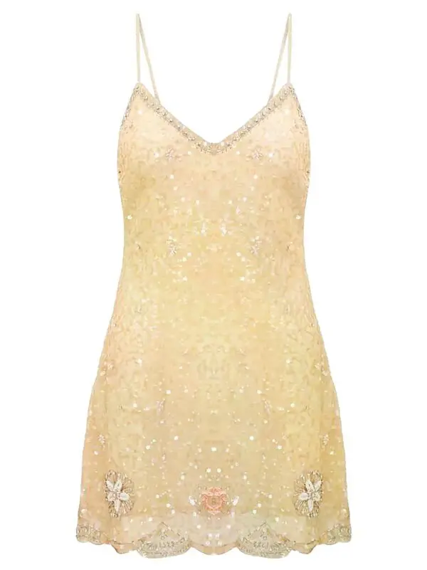 LoveShackFancy Mini Sequin Embellished Floral Patch Dress - Neutrals