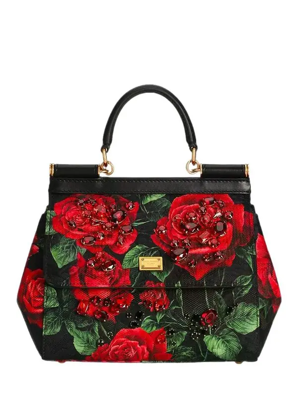 Dolce & Gabbana Medium Sicily Rose-print Crystal-embellished Tote Bag - Black