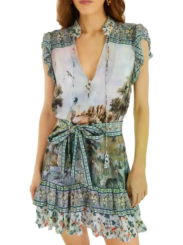 Farm Rio Multicolor Countryside Landscape Belted Ruffled Mini Dress - Blue