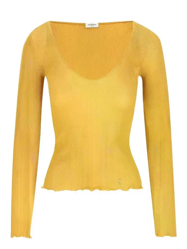 Saint Laurent Cassandre V-neck Top In Ribbed Silk - Yellow