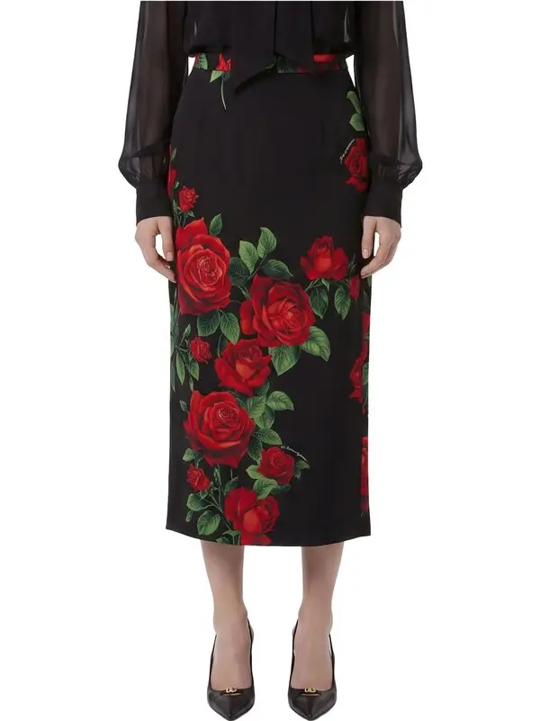 Dolce & Gabbana Rose Print Pencil Midi Skirt - Black
