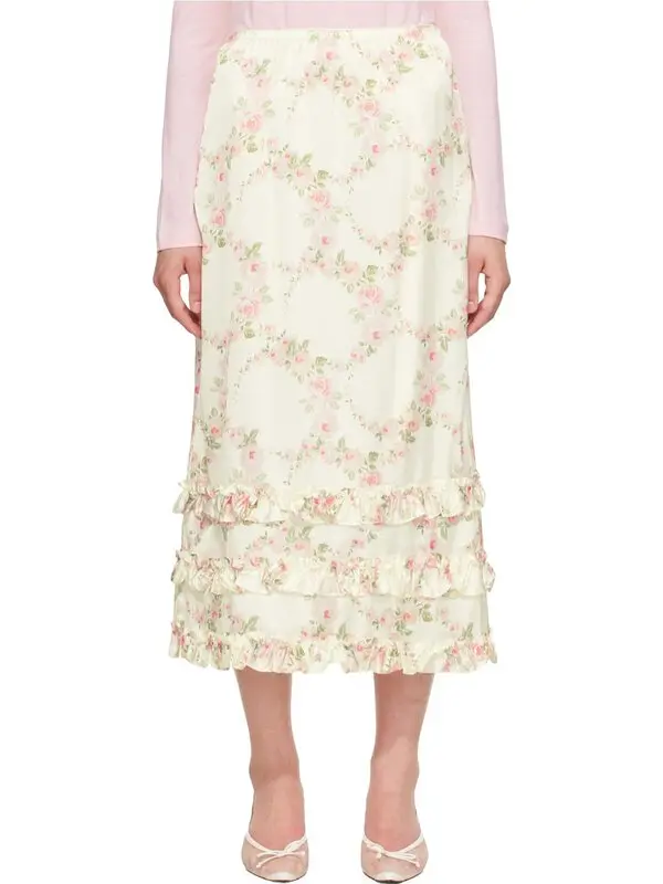 Simone Rocha Floral Ruffle Hem Midi Skirt - Cream