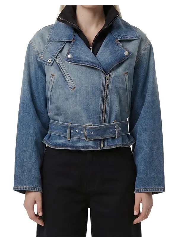 Alaïa Cropped Belted Denim Jacket - Faded Blue