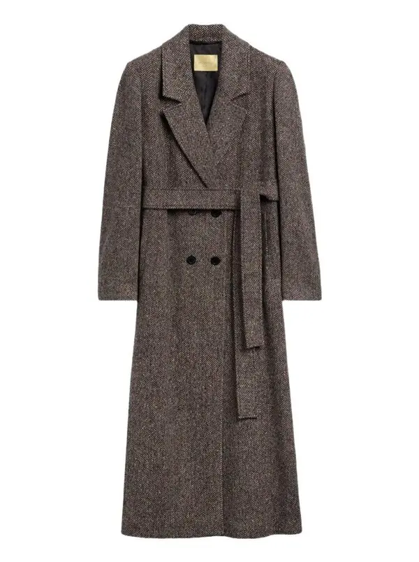 Momoni Belted Houndstooth Wool Blend Coat - Grey