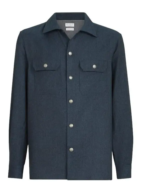 Brunello Cucinelli Virgin-wool Flannel Overshirt With Spread-collar And Chest-pockets - Denim