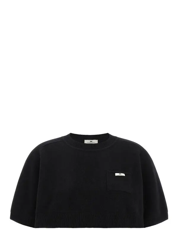 Elisabetta Franchi Ribbed Crew Neck Sweater With Chest Pocket - Black