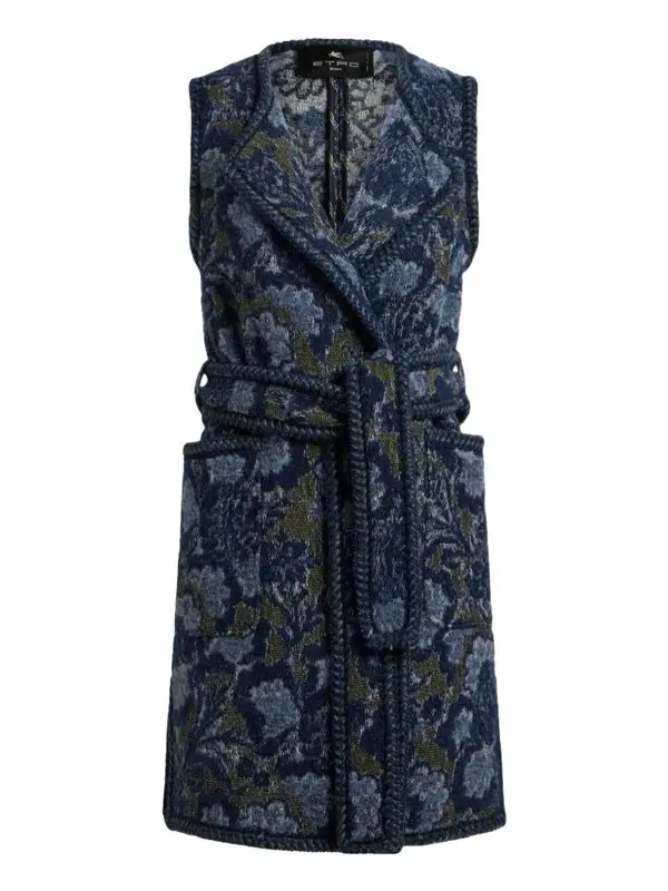 Etro Long Waistcoat In Cotton-blend Bouclé Jacquard With Floral Motif - Black