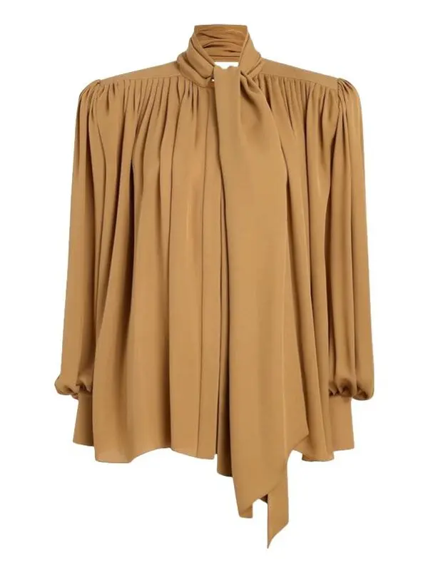 Khaite Pleated Tie Neck Long Sleeve Shirt - Nude