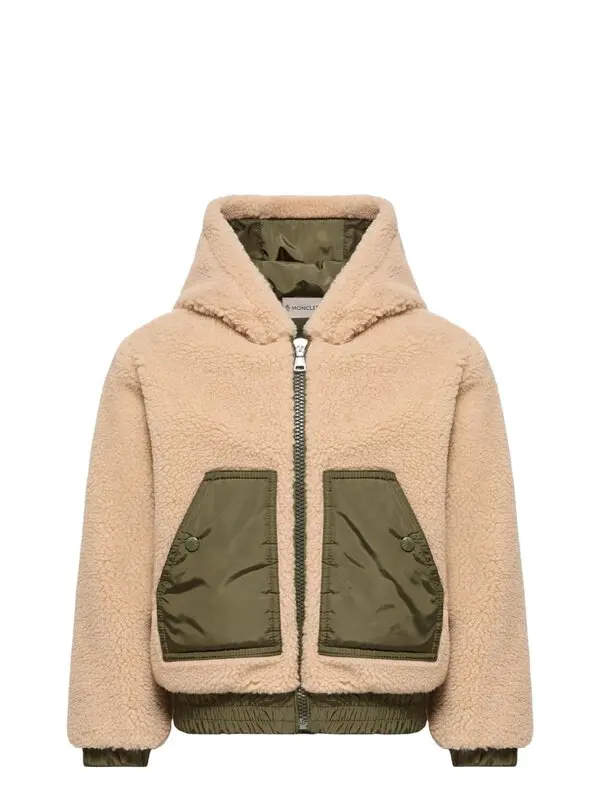 Moncler Teddy Zip-up Hoodie With Logo Patch - Beige