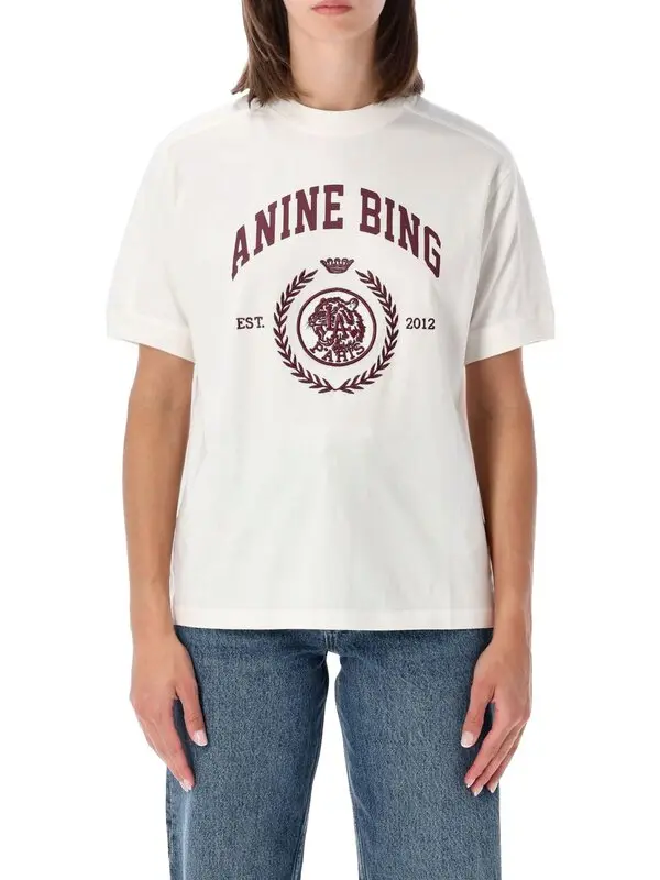 ANINE BING Printed Logo Cotton T-shirt With Crew Neck - Cream