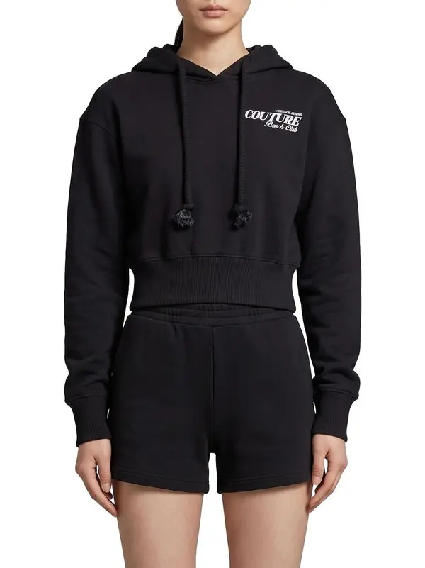 Versace Cropped Cotton Hoodie With Contrast Logo - Black