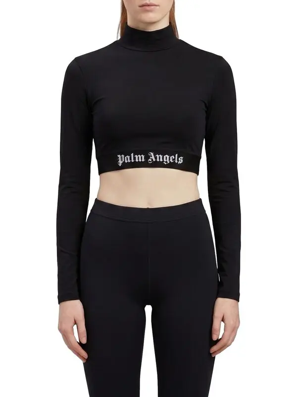 Palm Angels Cropped Long-sleeve Turtleneck Jersey Top With Jacquard Logo - Black