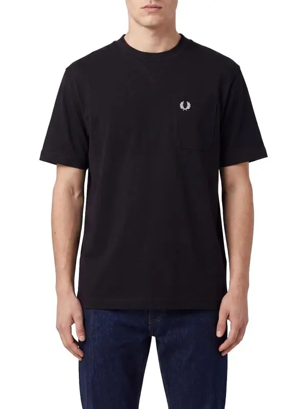 Fred Perry Crewneck Cotton T-shirt With Patch Pocket And Embroidered Logo - Black