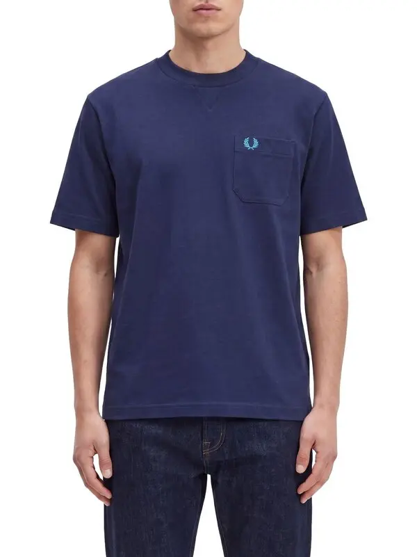 Fred Perry Crewneck Cotton T-shirt With Patch Pocket And Embroidered Logo - Blue