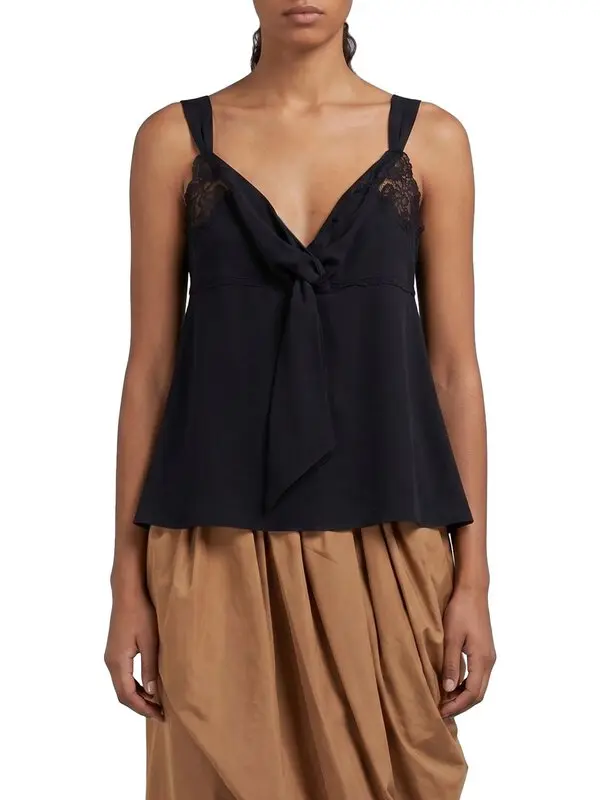 Chloé V-neck Pure Silk Top With Embroidered Lace Inserts - Black
