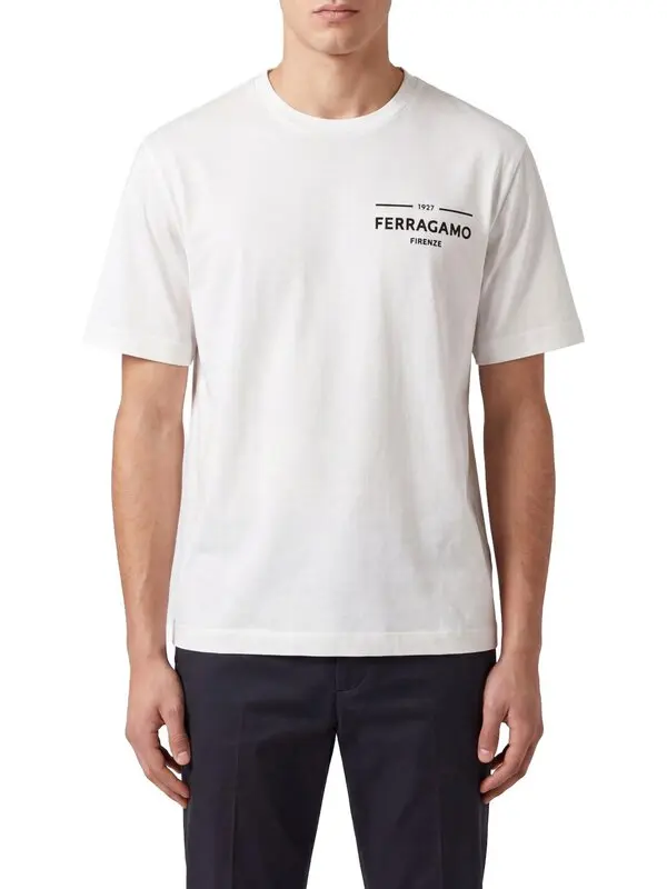 FERRAGAMO Crewneck Cotton T-shirt With Contrasting Front Logo - White