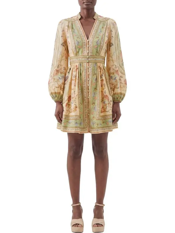 Zimmermann Roselight Floral-print Linen Mini Dress With Balloon Sleeves - Green