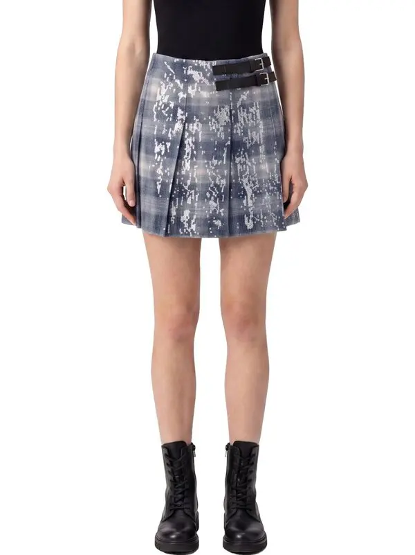 Pinko Gongora Check Pleated Mini Skirt With Sequins And Side Buckle - Blue