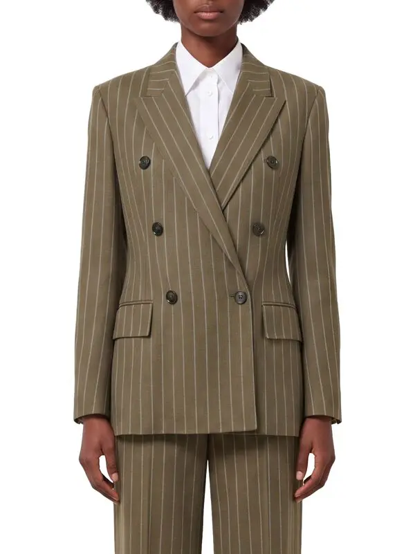 Max Mara Pinstripe Double-breasted Slim Fit Blazer In Virgin Wool Blend - Beige