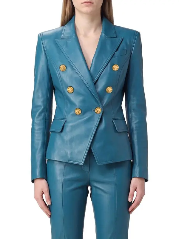 Balmain Double-breasted Lambskin Leather Blazer With Peak Lapels And Padded Shoulders - Blue