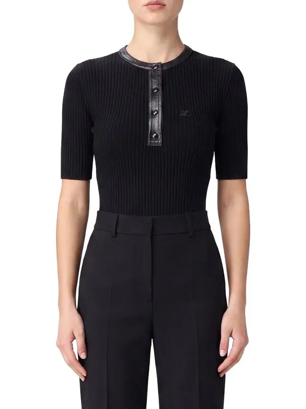 COURREGES Ribbed Knit Top With Leather Trim - Black