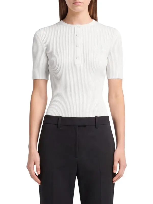 COURREGES Slim Fit Short-sleeved Knit Top With Buttoned Neckline - White