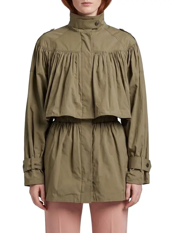 Chloé Cropped Cotton Poplin Trench Coat With High Neck And Epaulettes - Green